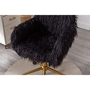 Black Modern Faux Fur Home Office Chair, Fluffy Chair for Girls, Makeup Vanity Chair with Gold Plating Base