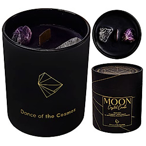 Healing Aromatherapy Crystal Candle| Amethyst and Clear Quartz| Lavender Essential Oil| Wood Wick| Black Soy Wax| Large 10.5 Oz Jar| for Manifestation, Stress Relief, and Magic| Luxury Gift Box|