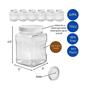 kelkaa 16oz Clear PET Plastic Square Wide Mouth Jars with Grip Handle and White Ribbed Lined Caps, BPA Free, Multi-Use Empty Containers, 63mm/400, Made in the USA (Pack of 6)
