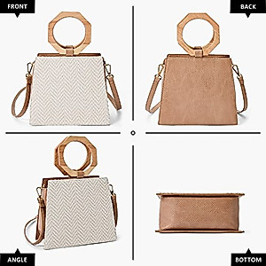 Like Dreams Women Straw Woven Vegan Leather Satchel Bag Wooden Top Handle Fashion Crossbody Purse (Cream)