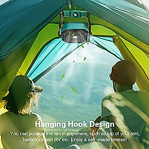 CONBOLA Portable Battery Operated Fan with LED Lantern, 10400mAh Outdoor Small Rechargeable Quiet Camping Fan, Personal Desk Fan Cooling Table Fan with Hanging Hook for Tent,Bedroom, Office(Green)