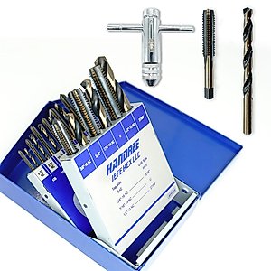 JEFE HEX 18-Piece Drill and Tap Set with 1 Piece T-Handle Ratchet Tap Wrench Capacity Range #0-1/4", Black and Gold Premium HSS Jobber Length Drill Bits and Hand Plug Taps with Metal Indexed Box