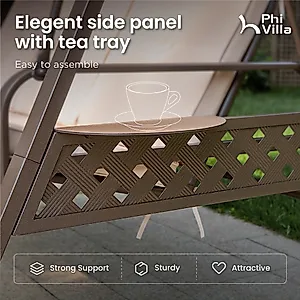 PHI VILLA 3-Seat Porch Swing with Adjustable Canopy,Outdoor Swing Chair with Cup Holders and Removable Cushion,Patio Swing Chair/Bench for Porch, Garden, Poolside, Balcony&Backyard,Beige