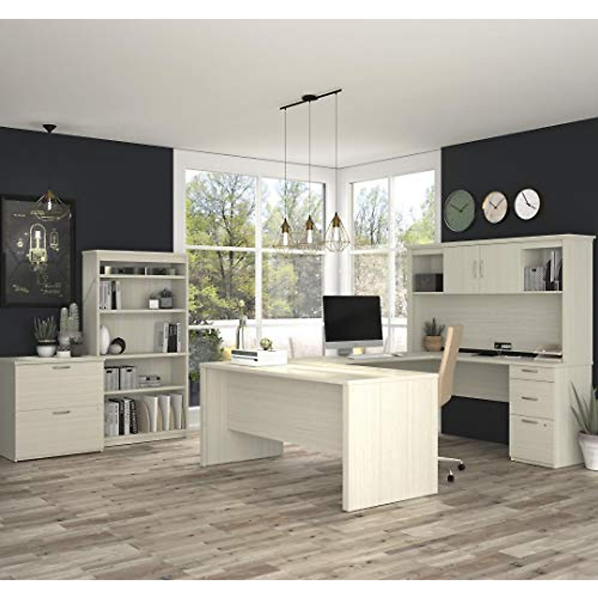 Bestar Logan U-Shaped Desk with Hutch, Lateral File Cabinet, and Bookcase, 66W, White Chocolate