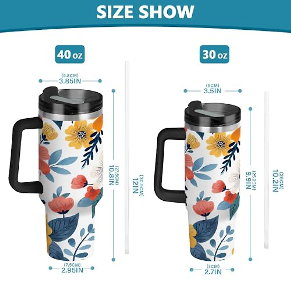 FRCSDIY Beautiful Flowers Insulated Tumbler with Handle and Straw Lid,40oz Leakproof Stainless Steel Cup BPA-Free Water Bottle