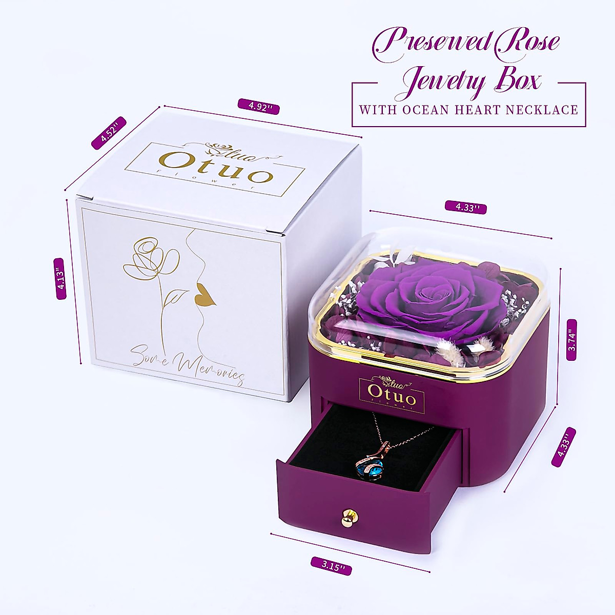Otuo Preserved Roses Gift Jewerlry Box, Real Eternal Rose Flower with Necklace, Gifts for Girlfriend, Mom, Women, Wife, Birthday and Valentine's Day (Purple)