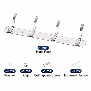 uxcell Coat Hook Rack, Stainless Steel Wall Mounted Coat Rack with 4 Hooks Hook Rail Wall Hangers for Hanging Bedroom Bathroom Silver
