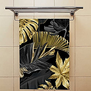 Hand Towels Set for Bathroom,Absorbent Dish Towels for Gym Spa,30"x15"，Gold Black Tropical Leaf(2 PCS)