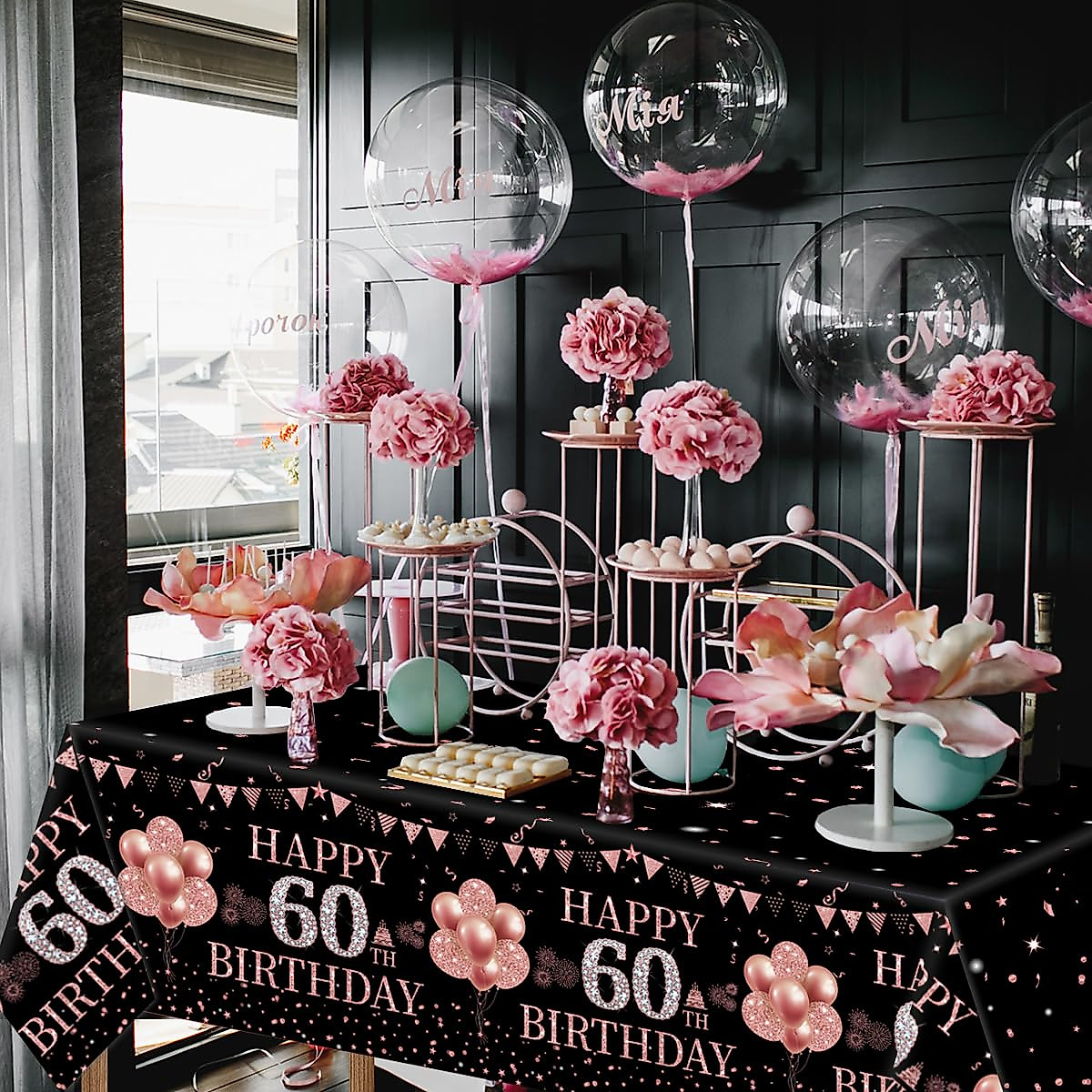 3Pcs Rose Gold 60th Birthday Tablecloths-Happy 60 Birthday Party Supplies for Women Rose Gold Disposable Rectangular Plastic Table Covers