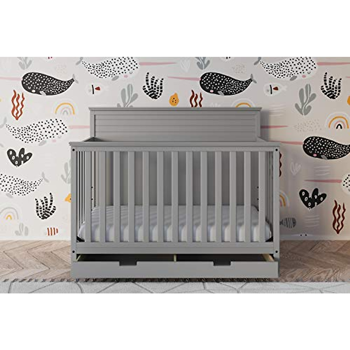 STORKCRAFT Homestead 5-in-1 Convertible Crib with Drawer (Pebble Gray) – GREENGUARD Gold Certified, Crib with Drawer Combo, Includes Nursery Storage Drawer, Converts to Toddler Bed and Full-Size Bed