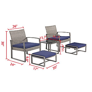 LOKATSE HOME Patio Conversation Bistro Set 5 Pieces Outdoor PE Wicker Rattan Sofa All Weather Furniture Cushioned Chairs and Ottomans with Tempered Glass Coffee Table for Backyard, Garden, Porch, Blue