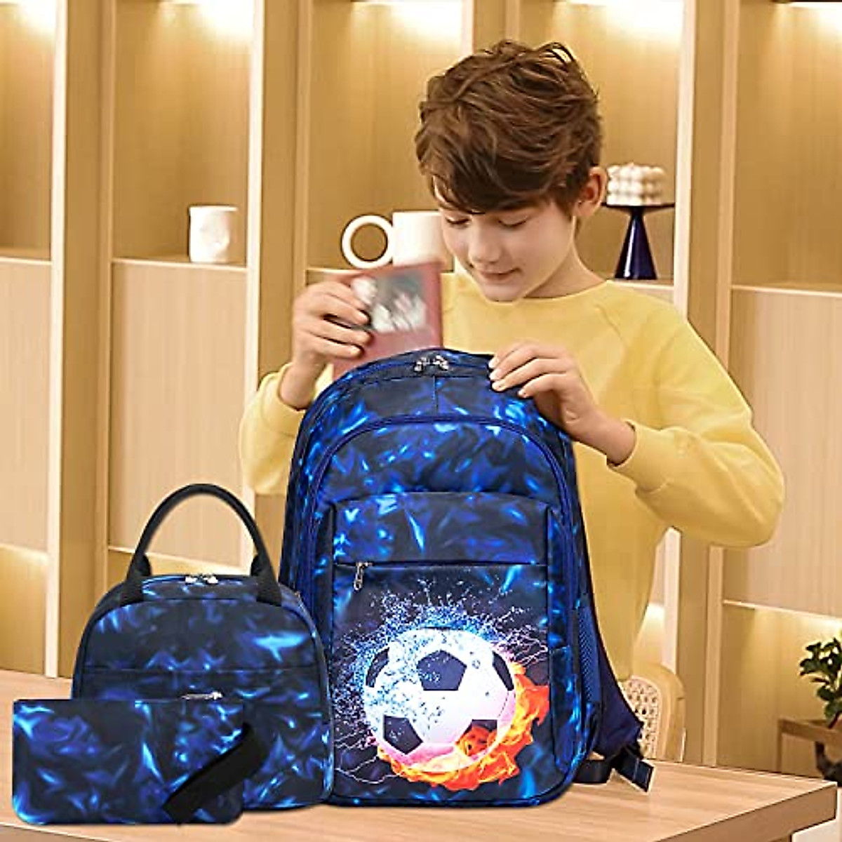 LEDAOU Backpack for Kids Boys School Bags Teen Bookbags Set School Backpack with Lunch Box and Pencil Case (Soccer Ball)