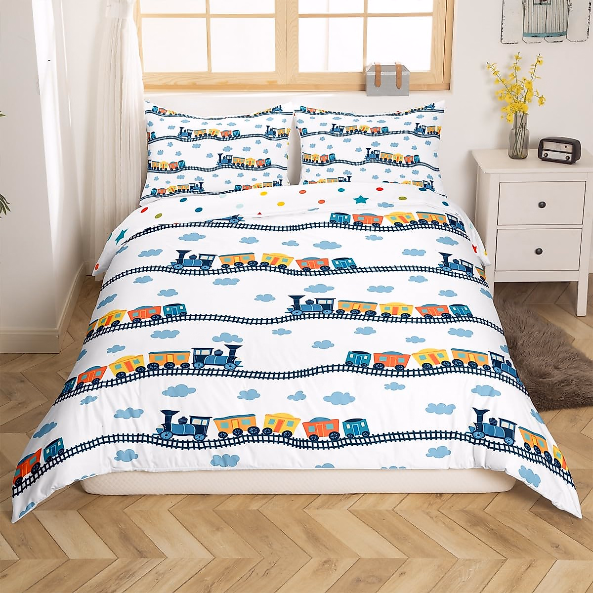 Erosebridal Cute Steam Engine Bed Sets for Kids Toddlers Kawaii Train Comforter Cover Construction Vehicles Duvet Cover Queen Cartoon Railway Bedding Set Boys Car Theme Bedspread Cover 3pcs
