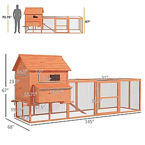 PawHut 145" Chicken Coop Large Chicken House Rabbit Hutch Wooden Poultry Cage Pen Garden & Backyard with Run & Inner Hen House Space