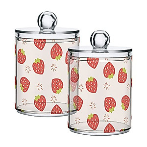 Vnurnrn Clear Plastic Jar Set for Cotton Ball, Cotton Swab, Cotton Round Pads, Floss, Strawberries Bathroom Canisters Storage Organizer, Vanity Makeup Organizer,2Pack