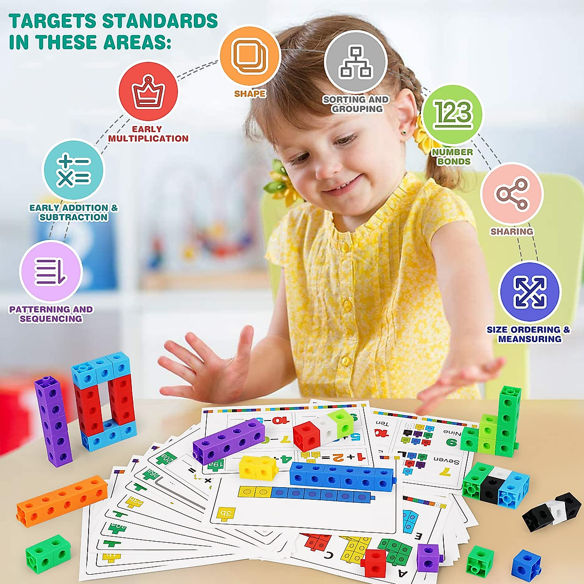 Number Blocks, Math Manipulatives 100 Snap Cubes with 30 Activity Cards, STEM Toy Learning Math Games for Kids 3 4 5 6 7 8+ Year Homeschool Supplies Birthday Gift, 148PCS