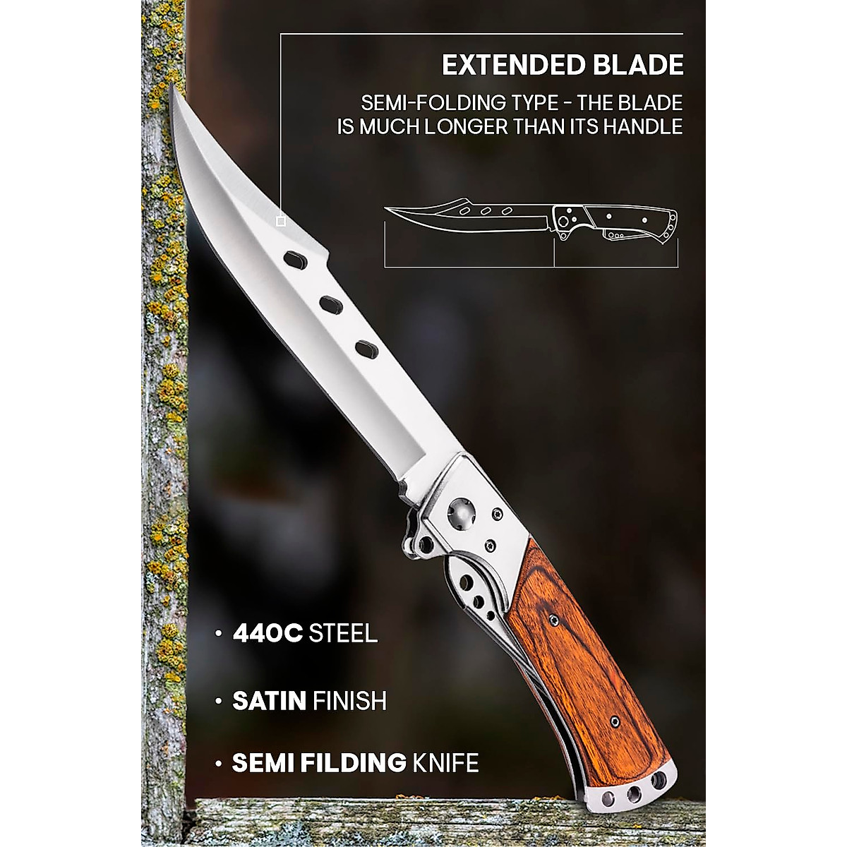 Long Blade Folding Knife - Sharp Hunting Hiking Camping Tactical Survival Work Knives for Men Women - Foldable Large Knife with Rosewood Handle - Fits any Knife Sharpener - Father s Day Gifts 4172