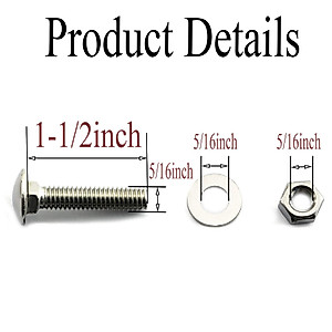 RuiLing 10 Set Carriage Bolt Sets 304 Stainless Steel Carriage Screw Hex Nut and Flat Washer Kits 5/16-18 Inches