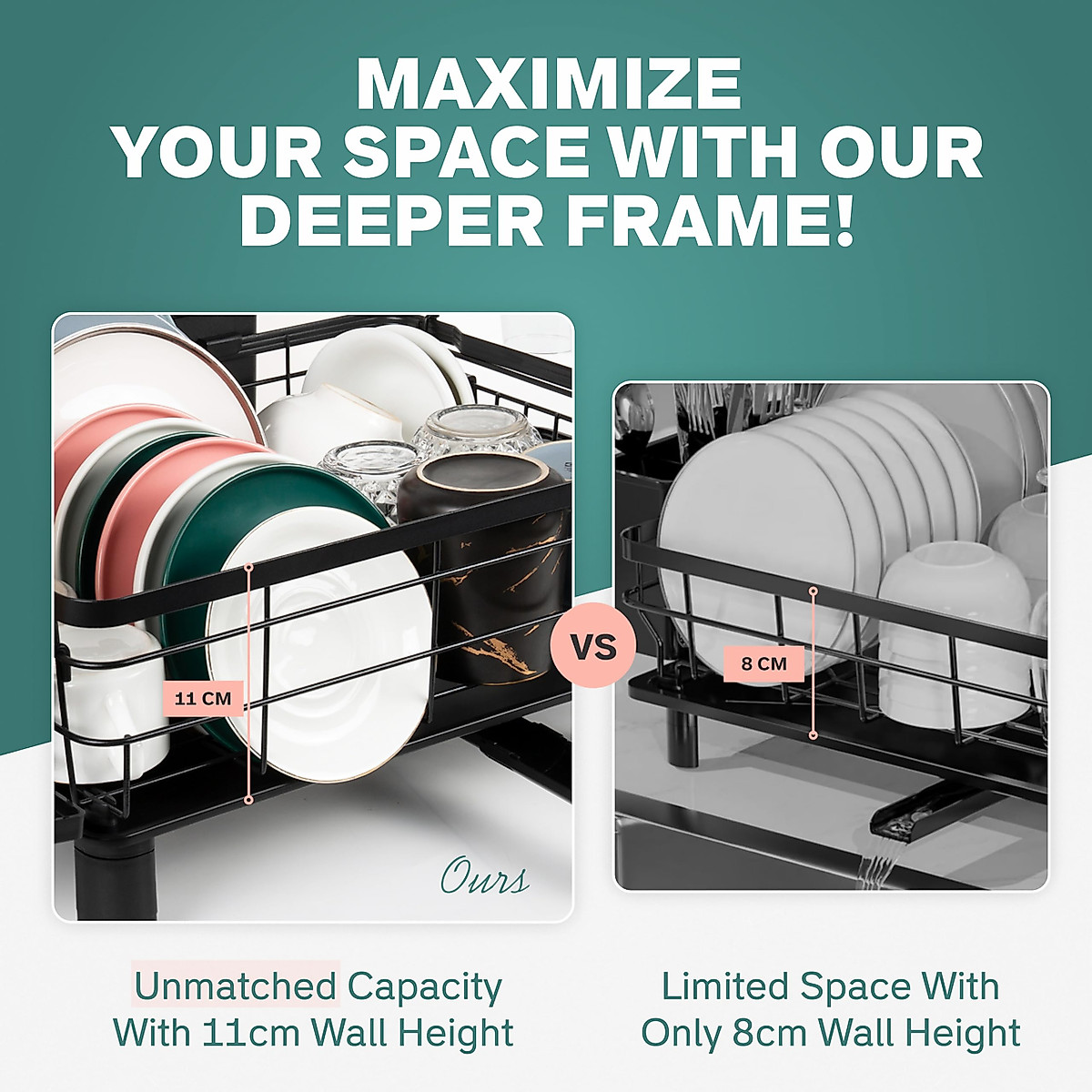 KitchNcure Large Dish Drying Rack for Kitchen Counter - Adjustable Height Dish Rack Over Sink with 12" Extended Spout & 4-Channel Drainboard - Kitchen Sink Organizer with Utensil Holder & Cup Hangers