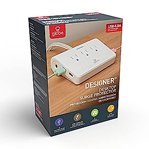 GLOBE Designer Series 3-Outlet USB Surge Protector Desktop Power Strip, 4x USB Ports, 3 Grounded Outlets, 6ft Fabric Power Cord, Reset Button, White Finish,78428