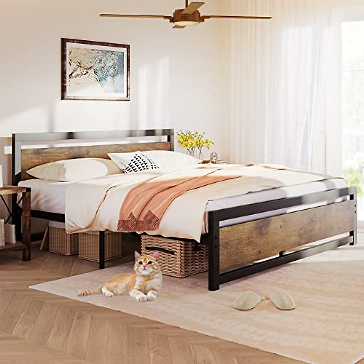 Amyove Queen Size Bed Frame with Wooden Headboard, 14 inch Queen Metal Bed Platform No Box Spring Needed with Heavy Duty Steel Slat, Easy to Assemble Noise Free Mattress Foundation - Queen