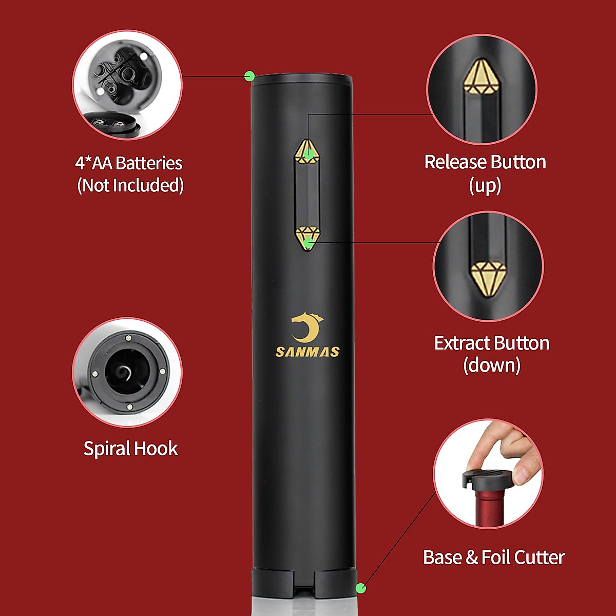 SANMAS Electric Wine Opener, Automatic Wine Bottle Openers Set with Foil Cutter, Battery Operated Cordless Wine Corkscrew for Wine Lovers Gift