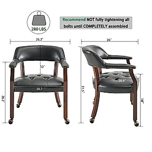 LEEMTORIG Large Dining Chairs with Casters and Arms, Rolling Dining Chairs with Wheels, Accent Game Chairs Boss Caption's Chairs, 26" D x 25.2" W x 31.5" H, Cherry Legs & Black SY-1533-BK