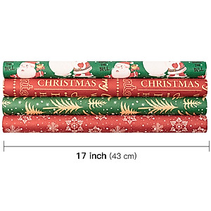 RUSPEPA Kraft Wrapping Paper Rolls - 17 inches x 10 feet per Roll, Total of 4 Rolls, Santa Claus, Snowflake and Christmas Tree Design