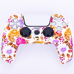 YoRHa Water Transfer Printing Silicone Thickened Cover Skin Case for PS5 Controller x 1(Flowers) with Thumb Grips x 10