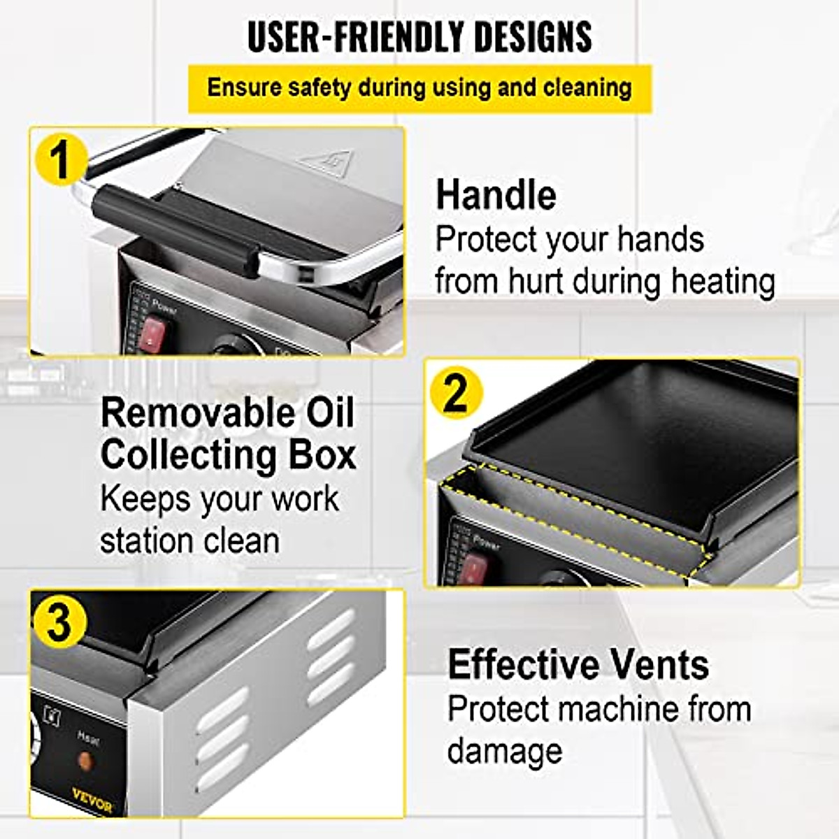 Happybuy Commercial Sandwich Panini Press Grill,110V 1800W Up Grooved and Down Flat Plates Electric Sandwich Maker, Temperature Control 122°F-572°F for Hamburgers Steaks Bacons