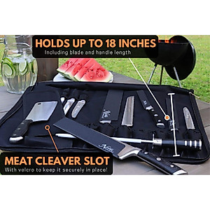 Chef’s Knife Roll Bag (14 slots) Holds 10 Knives PLUS Meat Cleaver, Utility Pocket, AND 4 Tasting Spoons! Our Durable Knife Carrier Includes Shoulder Strap and Name Card Holder. (Knives Not Included)