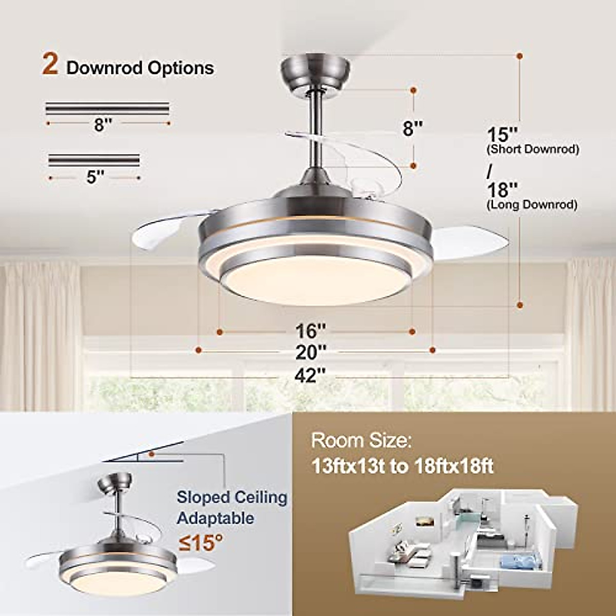 POCHFAN Retractable Ceiling Fan with Lights Remote Control, 42 Inch Modern Ceiling Fan for Bedroom Living Room in 3 Color Changeable,Timer, Noiseless DC Motor, 6 Speed, Brush Nickel, LED Ceiling Fans