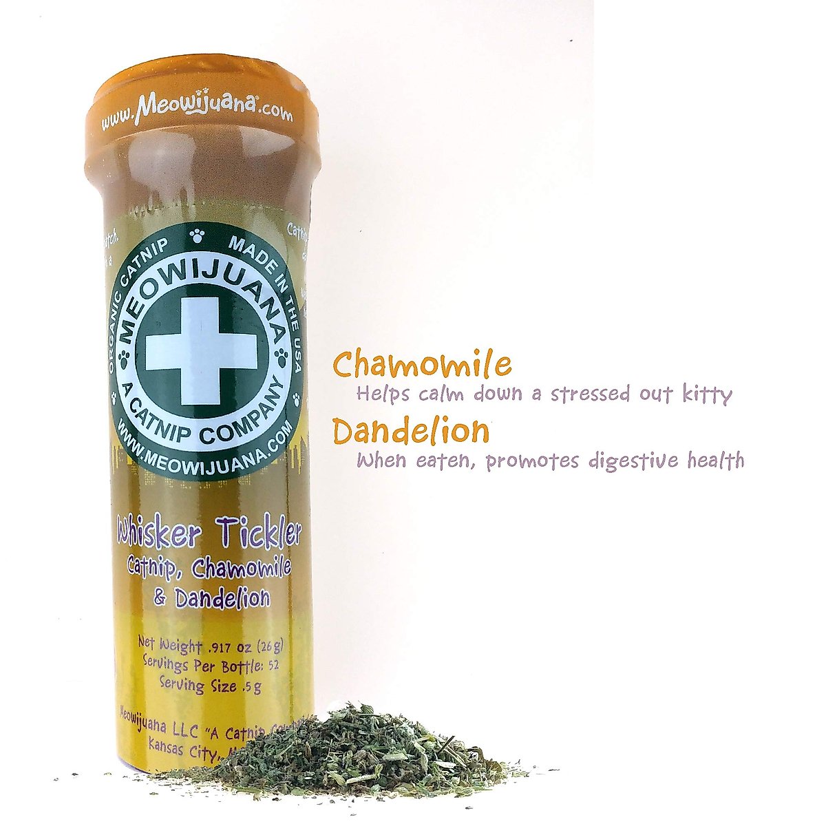 Meowijuana Whisker Tickler Catnip, Chamomile & Dandelion Blend for Cats, .917 oz., Medium