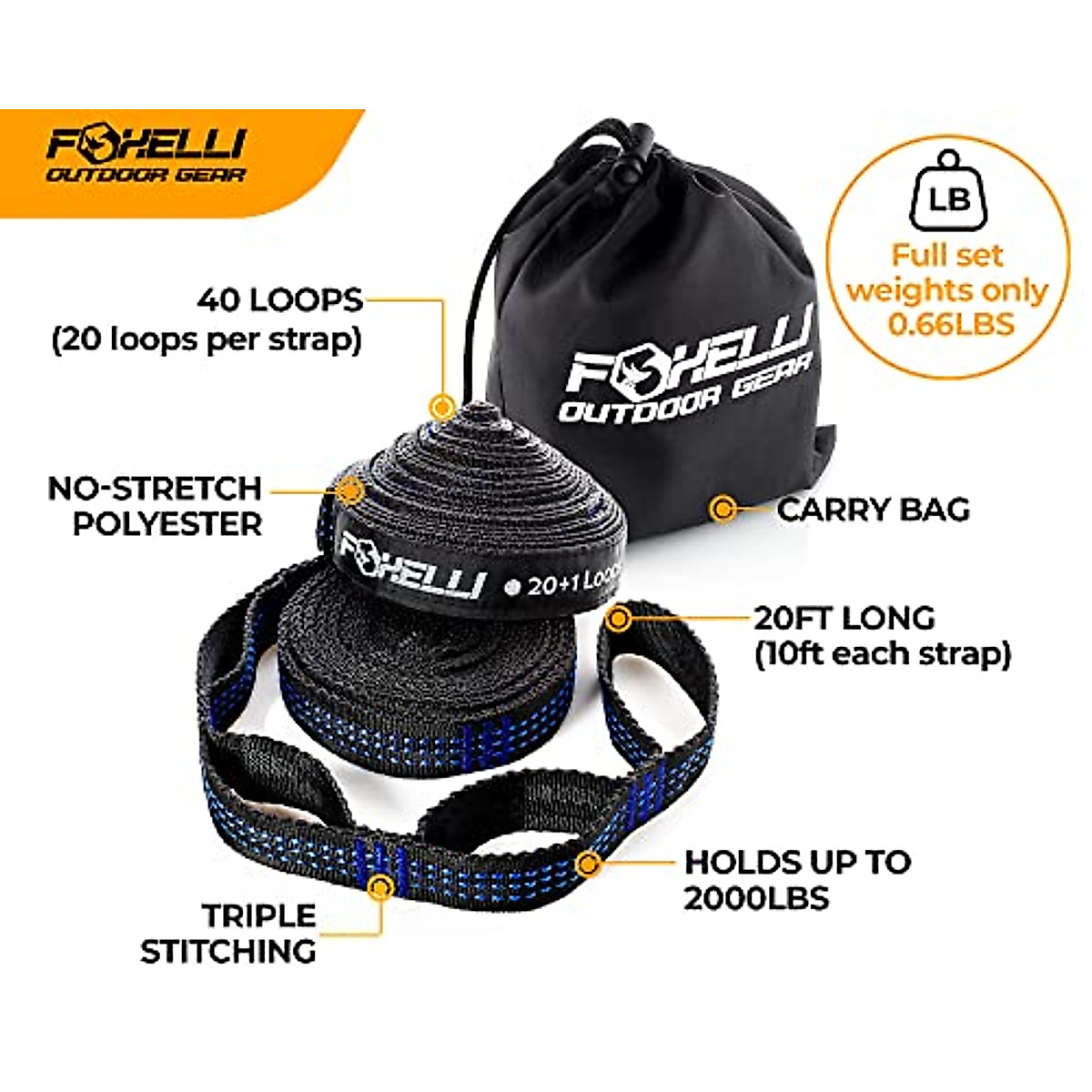 Foxelli Hammock Straps XL – Camping Hammock Tree Straps Set (2 Straps & Carrying Bag), 20 ft Long Combined, 40+2 Loops, 2000 LBS No-Stretch Heavy Duty Straps for Hammock Suspension System Kit