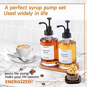 Coffee Syrup Dispenser for Coffee Bar, Set of 2 Simple Glass Syrup Bottle w 84 Labels and Bamboo Tray, 16.9 oz 500ml Syrup Pump Dispenser, Syrup Dispenser Black, Christmas Gifts