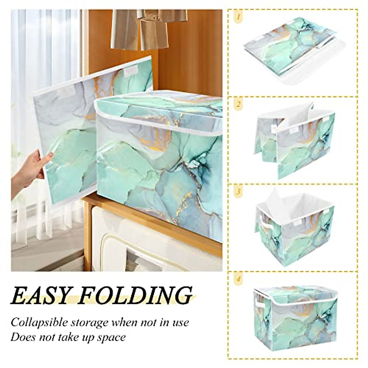 Kigai Abstract Marble Print Aqua Storage Basket with Lid Collapsible Storage Bin Fabric Box Closet Organizer for Home Bedroom Office 1 Pack