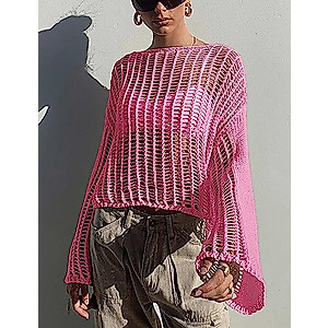 Crochet Tops for Women Summer Hollow Out Knit Sweaters Long Sleeve Crop Mesh Top Fashion Y2k Beach Cover Up Pink L