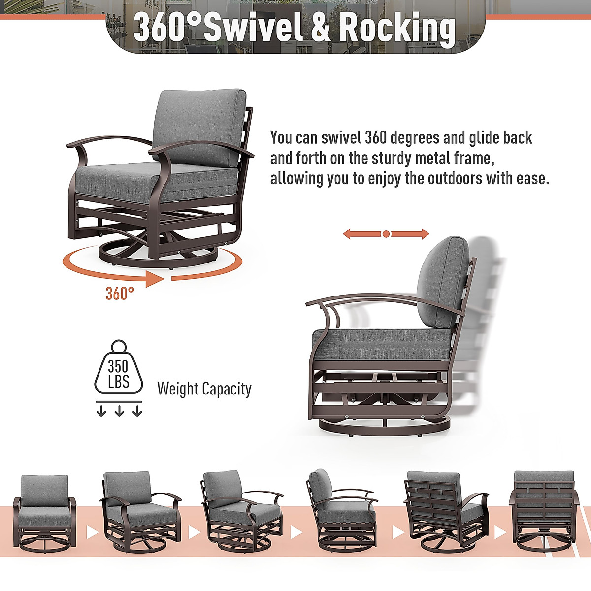 Kurapika Aluminum Patio Furniture Set 5-Seat Modern Metal Outdoor Conversation Sets w/45in Propane Fire Pit Table, Swivel Rocking Chairs Patio Sectional Sofa w/5.1 Inch Cushion, Grey