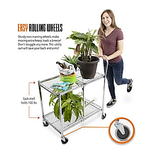 Stand Steady Original Tubstr Collapsible 2 Shelf Wire Cart, Easy to Push Heavy Duty Rolling Utility Cart, Holds 200 Pounds & Folds Up for Storage, Commercial Grade (Chrome, 33.75in x 19.5in x 39.5in)