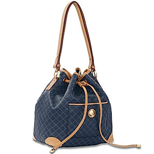Rioni STA-20089 Designer Signature Navy Blue Canvas Leather Drawstring Bucket Bag Shoulder Bag