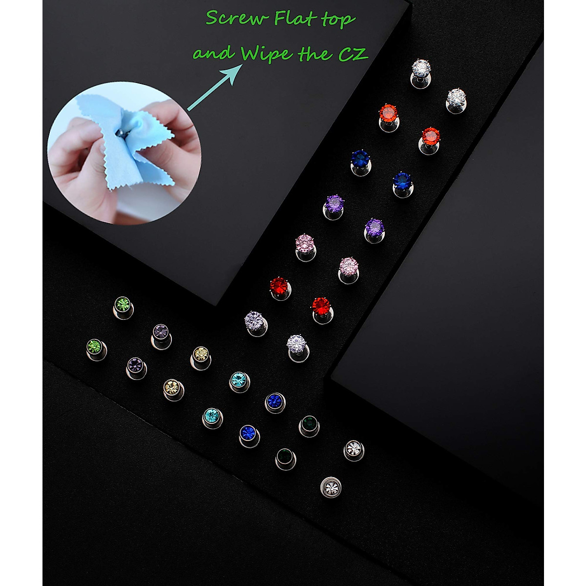Tornito 14 Pairs Stainless Steel CZ Stud Earrings for Women Multicolor Cubic Zirconia Cartilage Helix Earrings Set Screwback 4MM