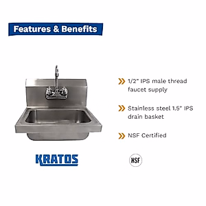 Kratos 28W-088 NSF Commercial Hand Sink with Gooseneck Faucet - 14"Wx10"Dx5"H Bowl