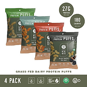 Pounamu Protein Puffs | Sample, Variety Pack | 27g Grass-Fed, Free-Range New Zealand Dairy Protein and 180 calories per bag | Delicious gourmet flavors | 1.48 Ounce (42g) x 4 pack