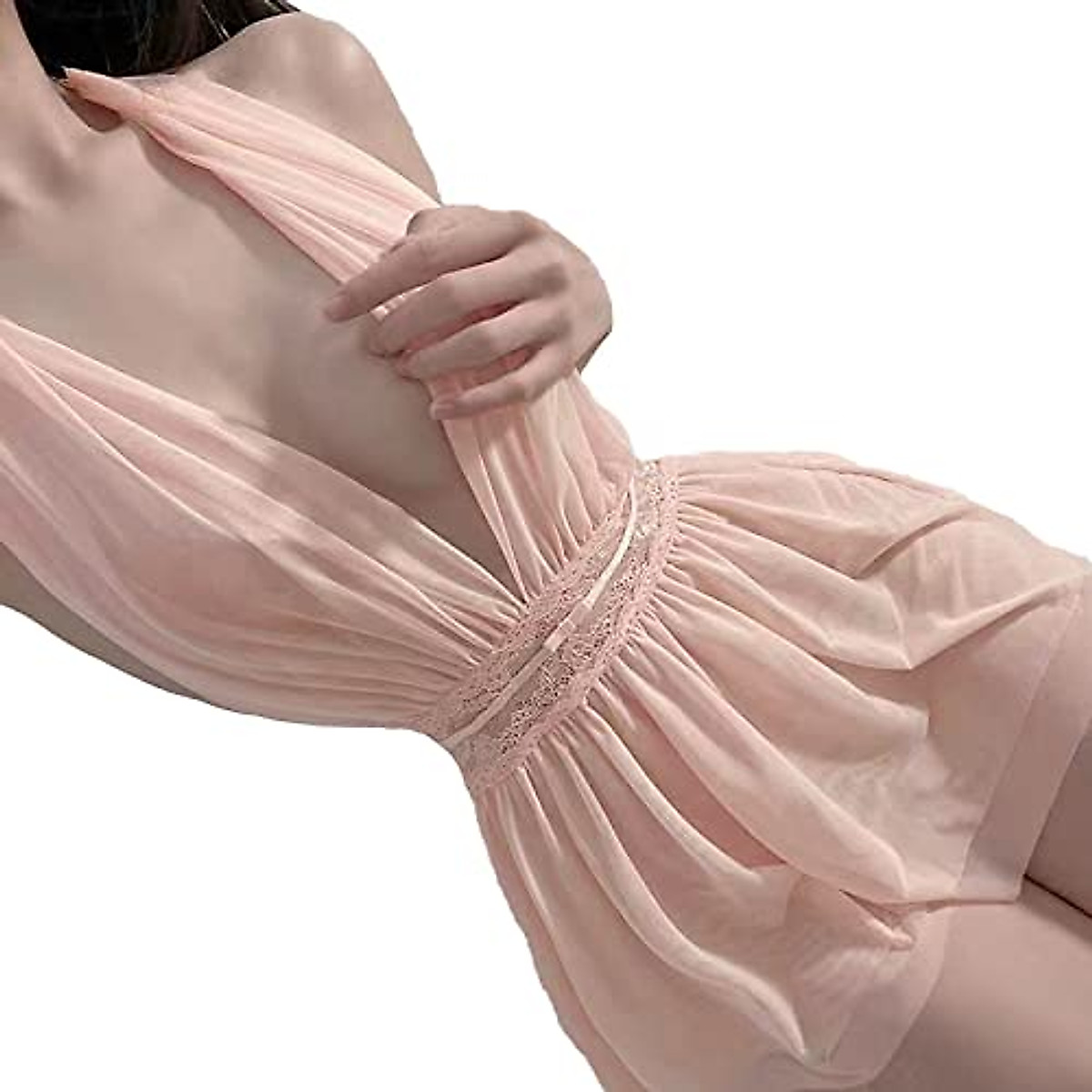 Women Sexy Babydoll Lingerie Dress, Pleated Mini Lingerie Dress Chemise Sleepwear Deep V Lace Sheer Mesh Halter Dress (5-Pink, XL)
