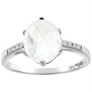 Sabrina Silver 14K White Gold Natural Rainbow Moonstone & Diamond Ring Oval 10x8 mm, size 5.5