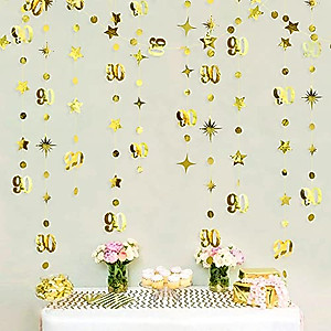 Gold 90th Birthday Decorations Number 90 Circle Dot Twinkle Star Garland Metallic Hanging Streamer Bunting Banner Backdrop for Women Mens 90 Year Old Birthday Nighty Anniversary Party Supplies