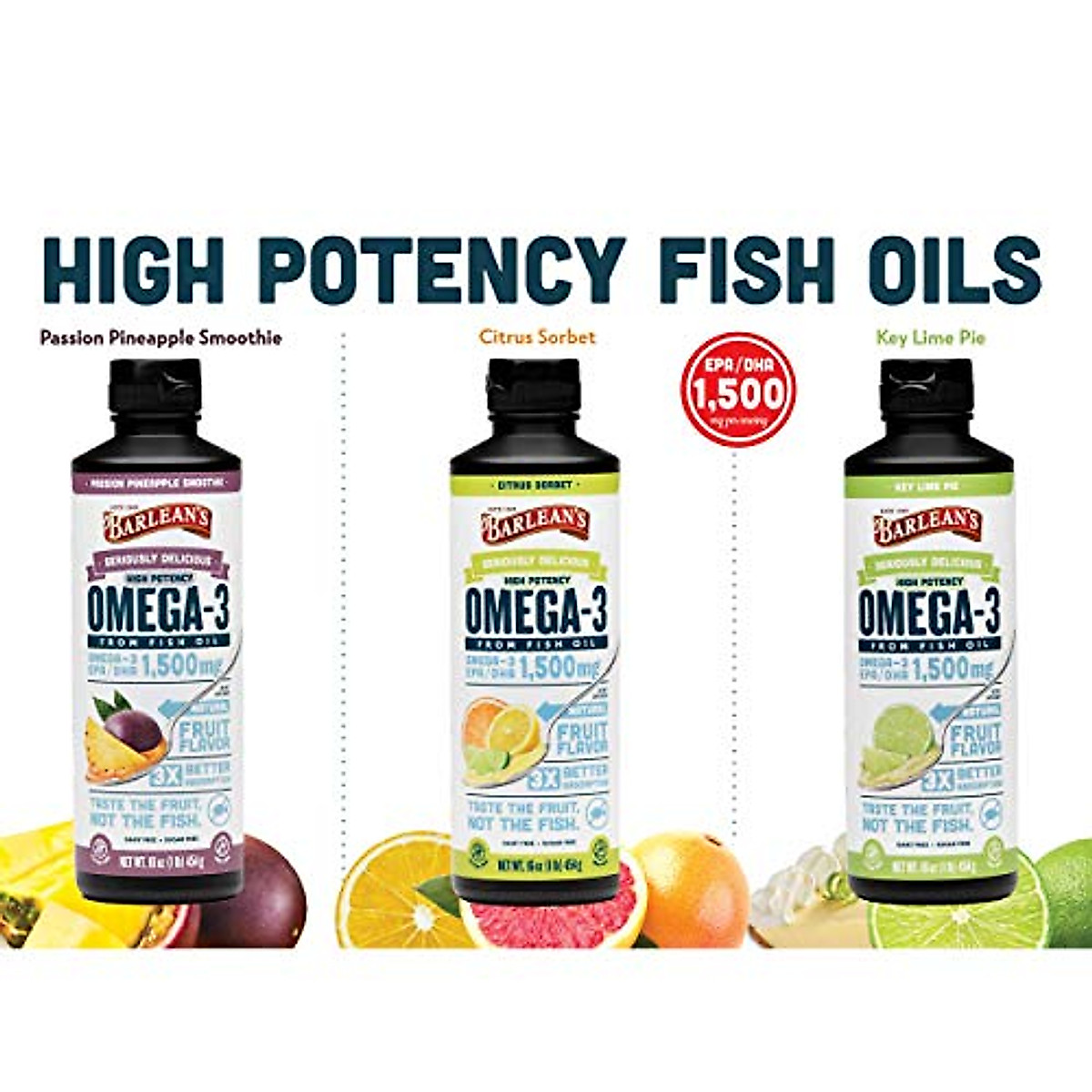 Barlean's Key Lime Pie High Potency Omega 3 Fish Oil Supplements - 1500mg of Omega 3 EPA/DHA for Brain, Heart, Joint, & Immune Health - All Natural Fruit Flavor, Non GMO, Gluten Free - 16-Ounce