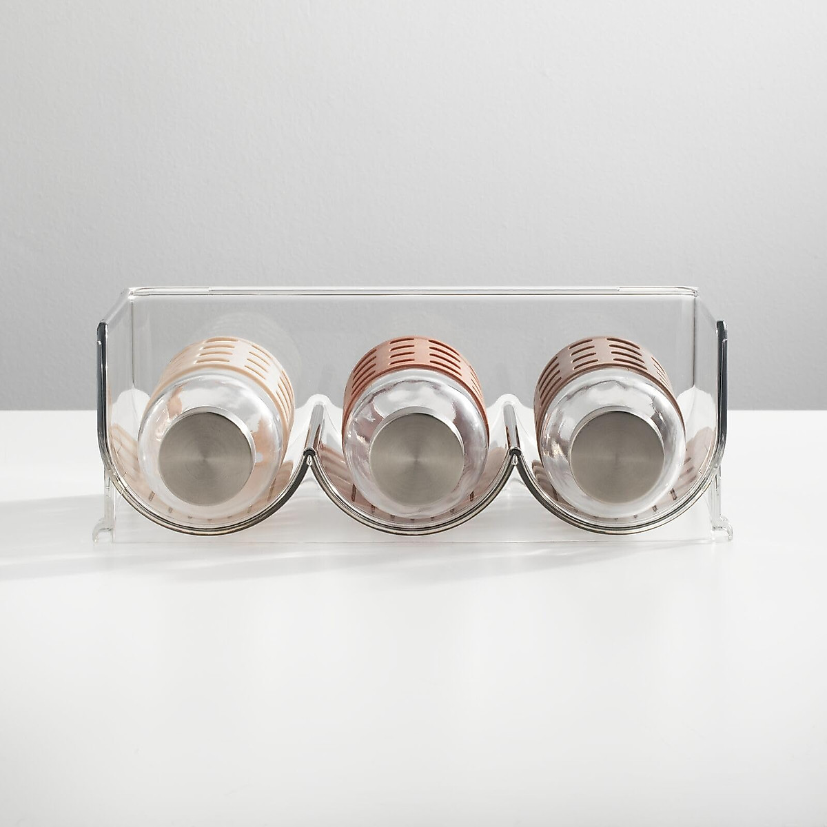 mDesign Plastic Free-Standing Stackable 3 Bottle Storage Holder Rack - Water, Wine, and Drink Organizer Shelf for Kitchen Countertop, Cabinet, Pantry, Fridge, Freezer - 2 Pack - Clear