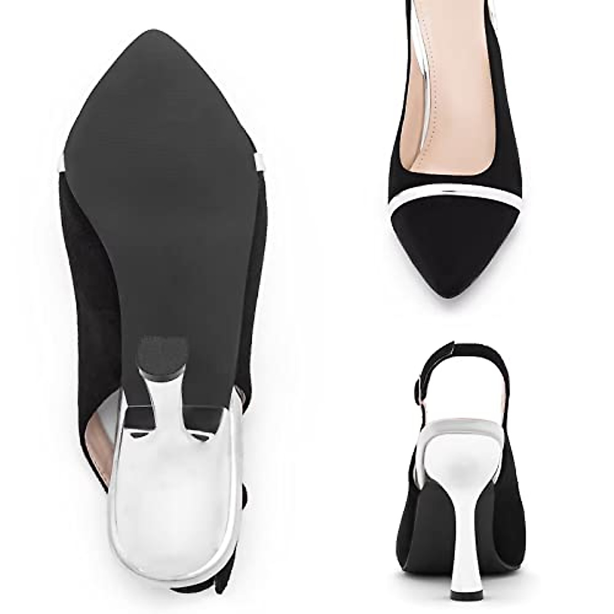 Frank Mully Women's Slingback Pumps Closed Pointed Toe Formal Party Wedding Dress Shoes Ankle Strap Slip On High Heel Sandals Black/Suede