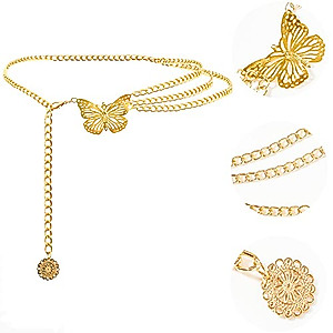 AMYGEM Multilayer Metal Waist Chain Belt for Women, Adjustable Women Long Belt Body Belly Jewelry for Dresses Jeans Trousers Gold Butterfly